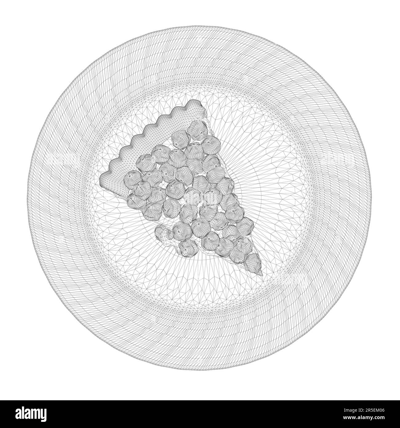 Wireframe of a piece of pie with berries on a plate made of black lines ...