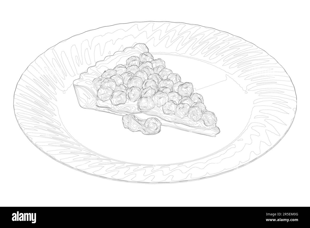 Outline of a piece of pie with berries on a plate from black lines ...