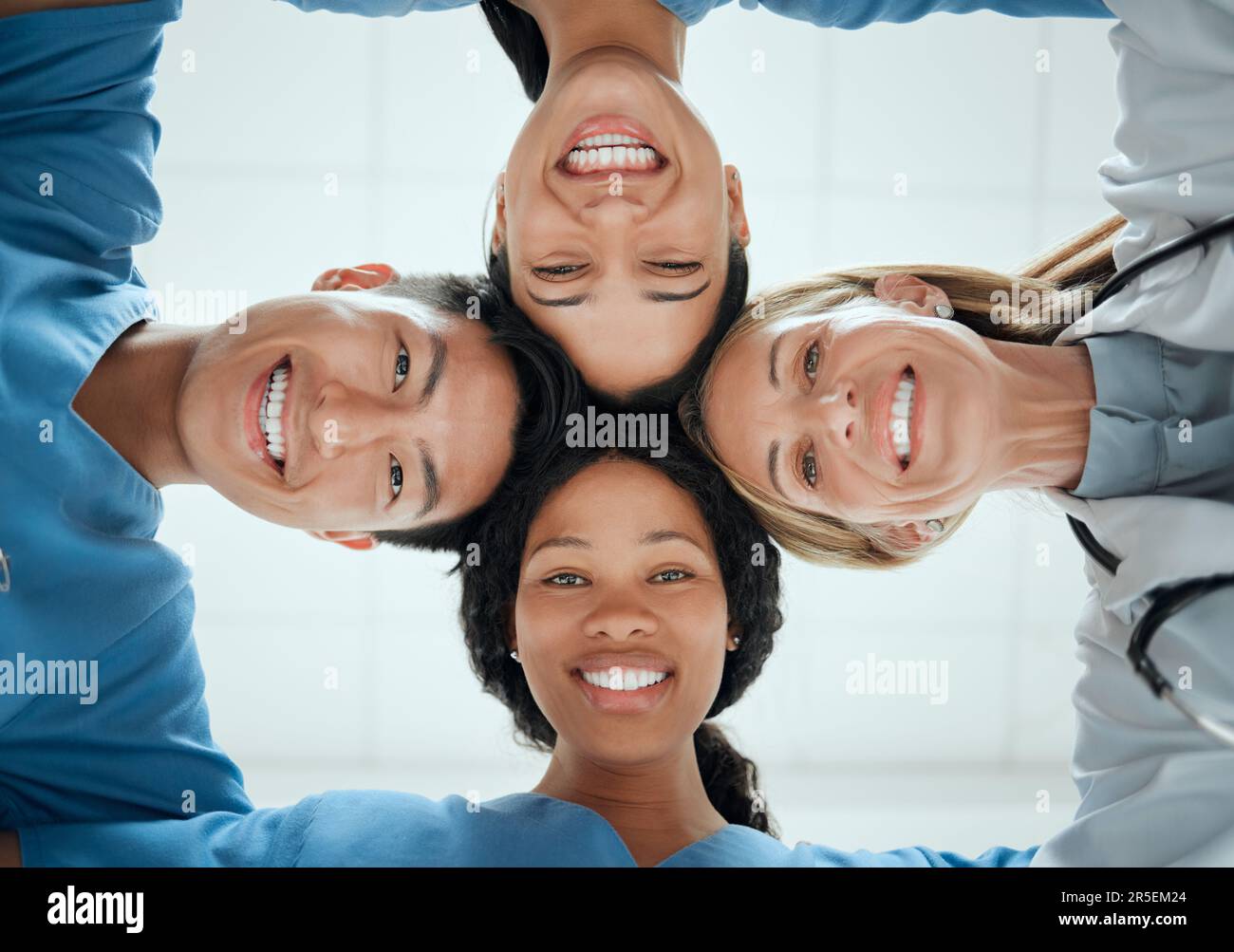 Portrait, teamwork or faces of doctors in huddle with a happy ...