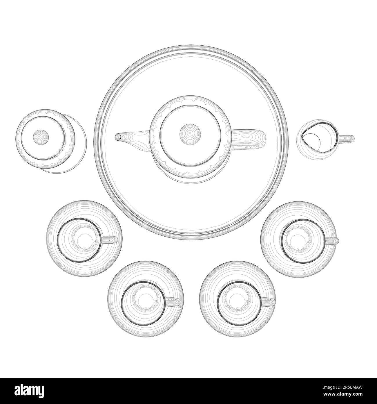Outline of tea set with cups and teapot from black lines isolated on ...