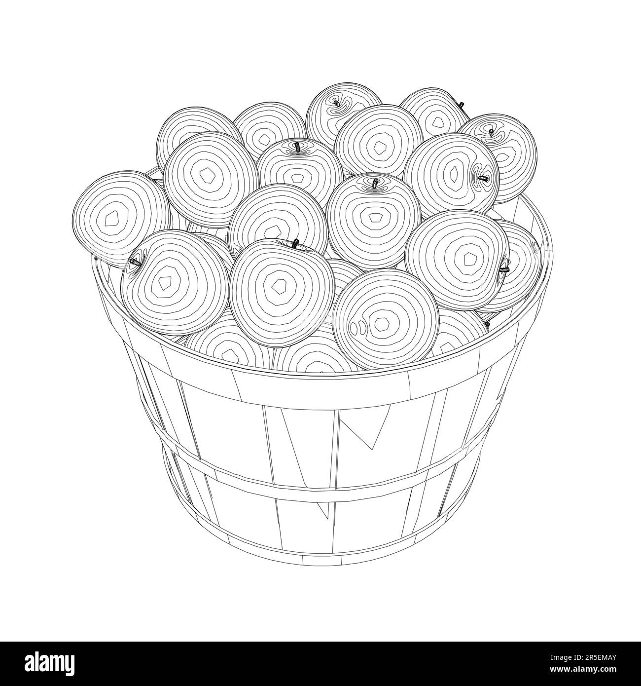 Outline of a pile of apples in a bucket from black lines isolated on a ...