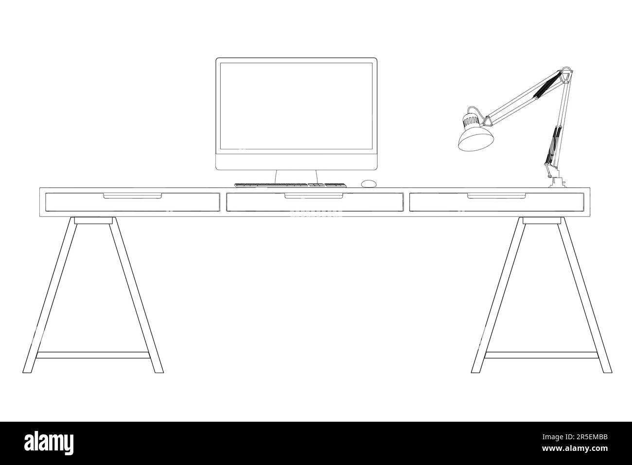 The contour of the workplace with a computer on the table and a lamp ...