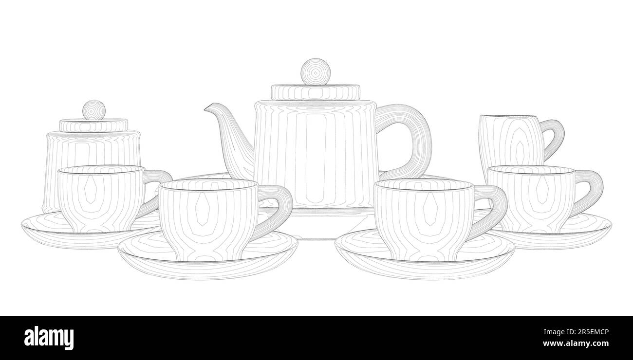 Outline of tea set with cups and teapot from black lines isolated on ...
