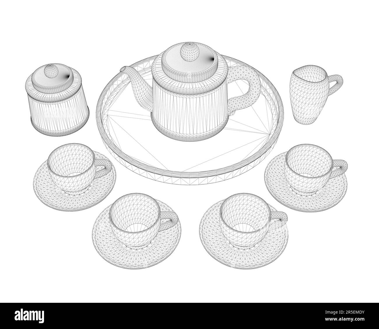 Tea set wireframe with cups and teapot from black lines isolated on ...