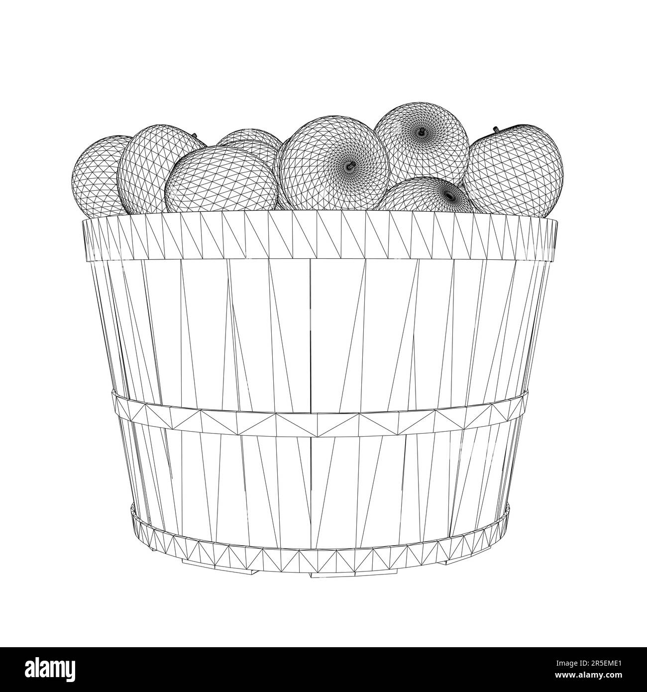 Wireframe of a bunch of apples in a bucket made of black lines isolated on a white background ...