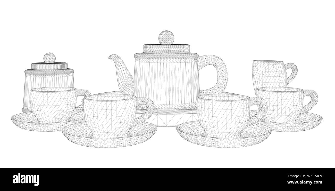 Tea set wireframe with cups and teapot from black lines isolated on ...