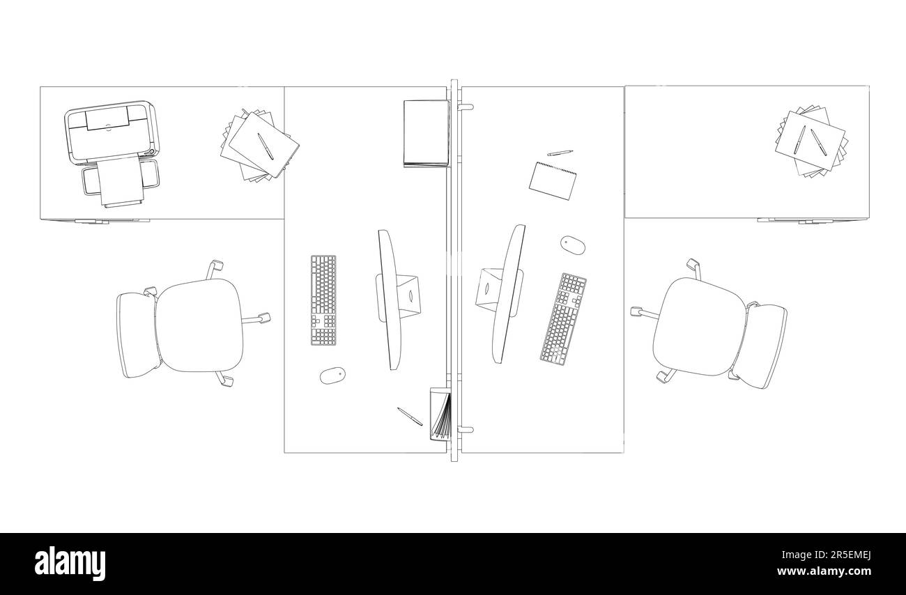 Outline of two office workplaces with computers and accessories from ...
