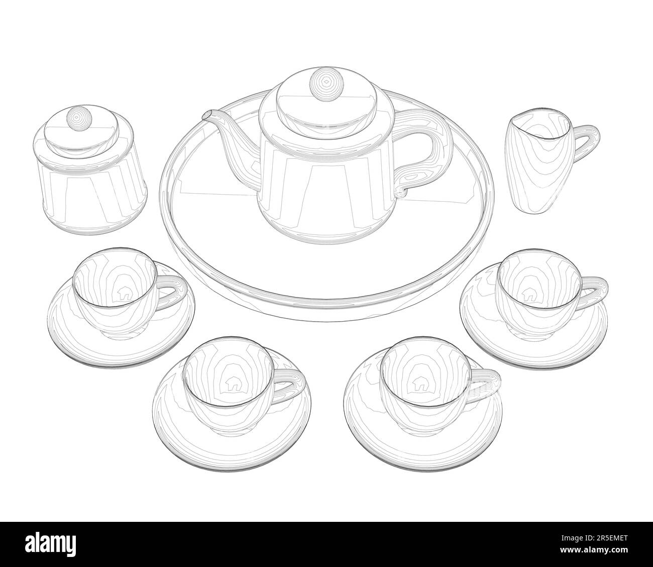 Outline of tea set with cups and teapot from black lines isolated on ...