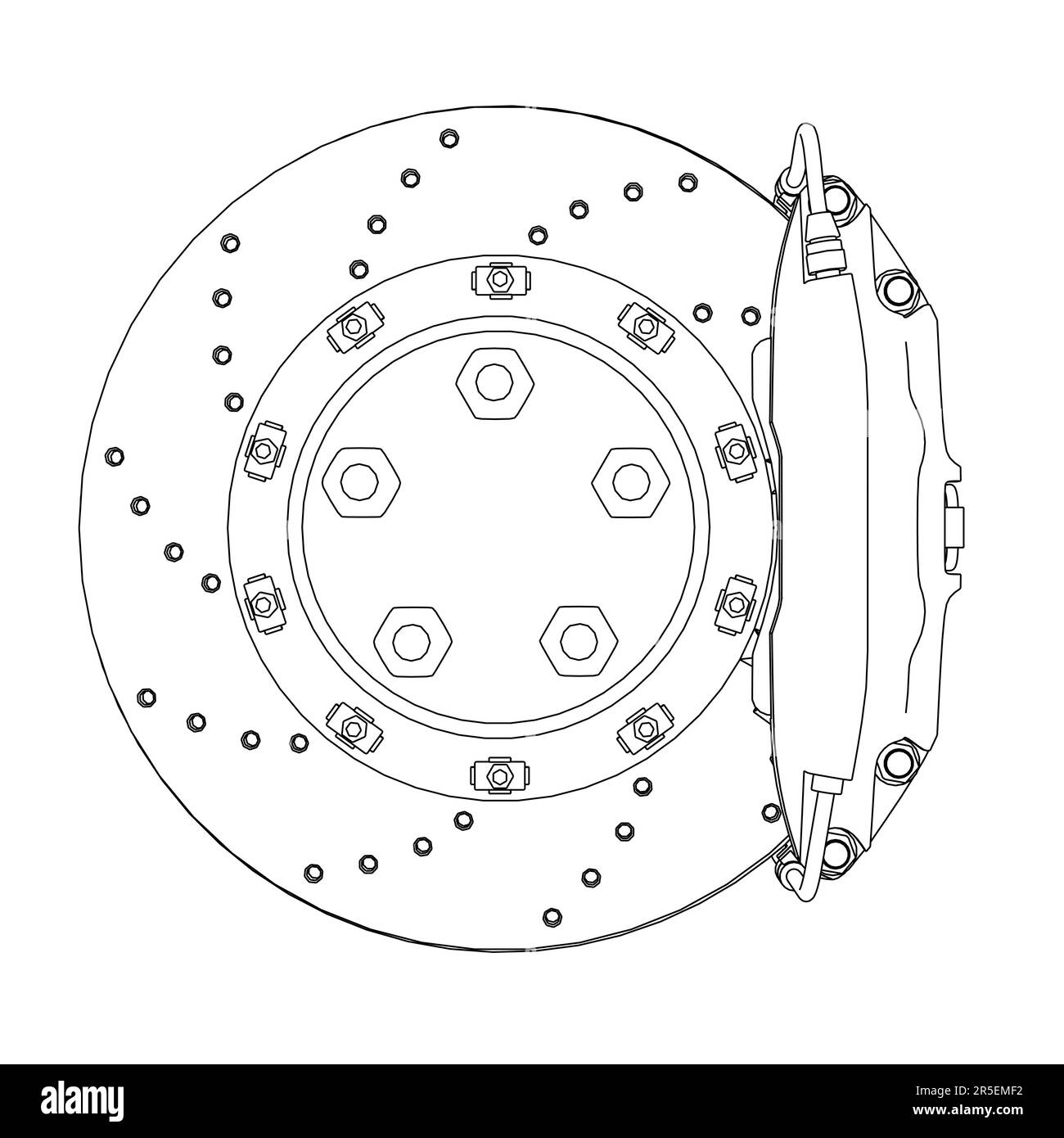 Outline of a car brake disc with a brake shoe from black lines isolated ...