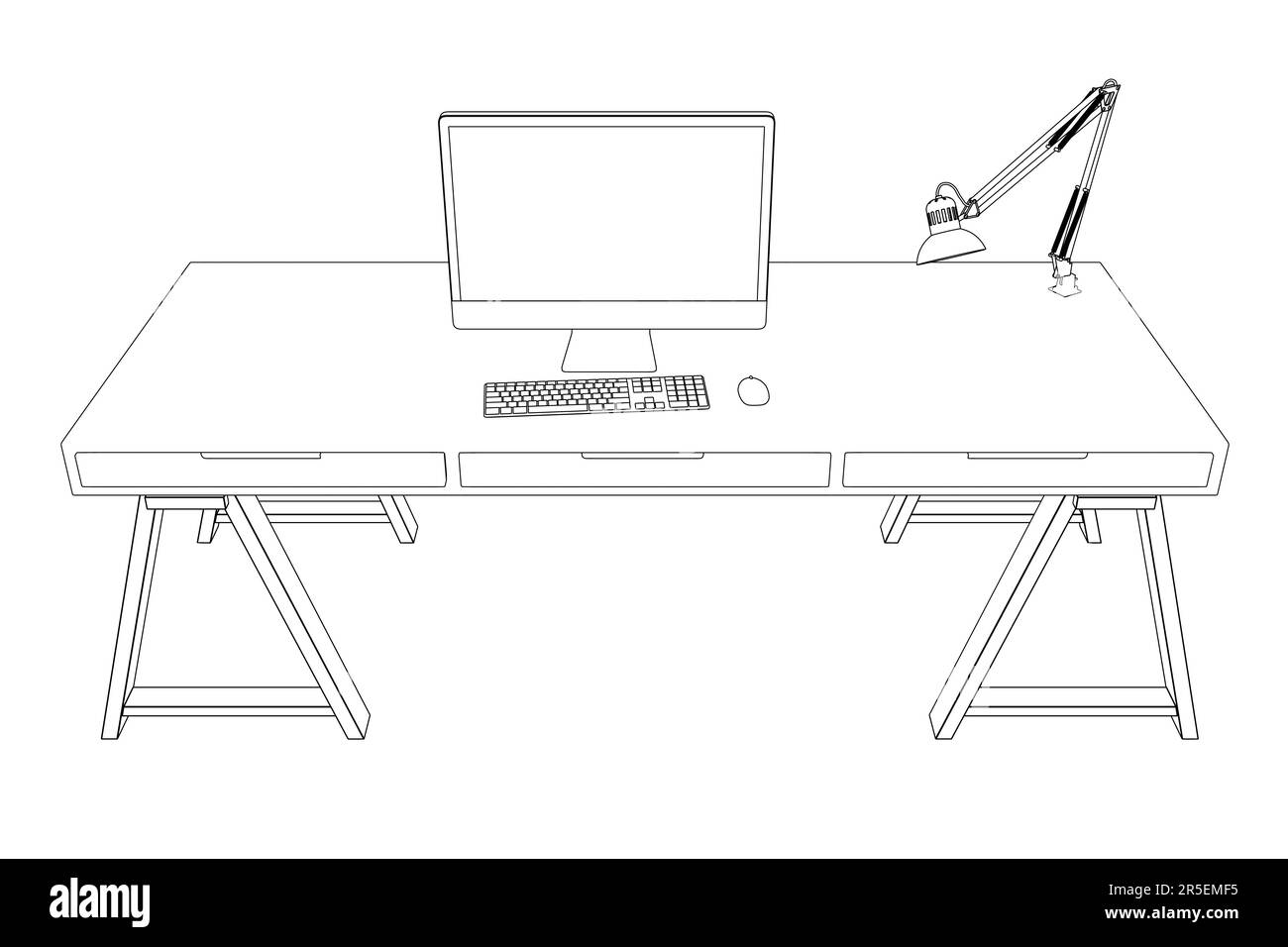 The contour of the workplace with a computer on the table and a lamp ...