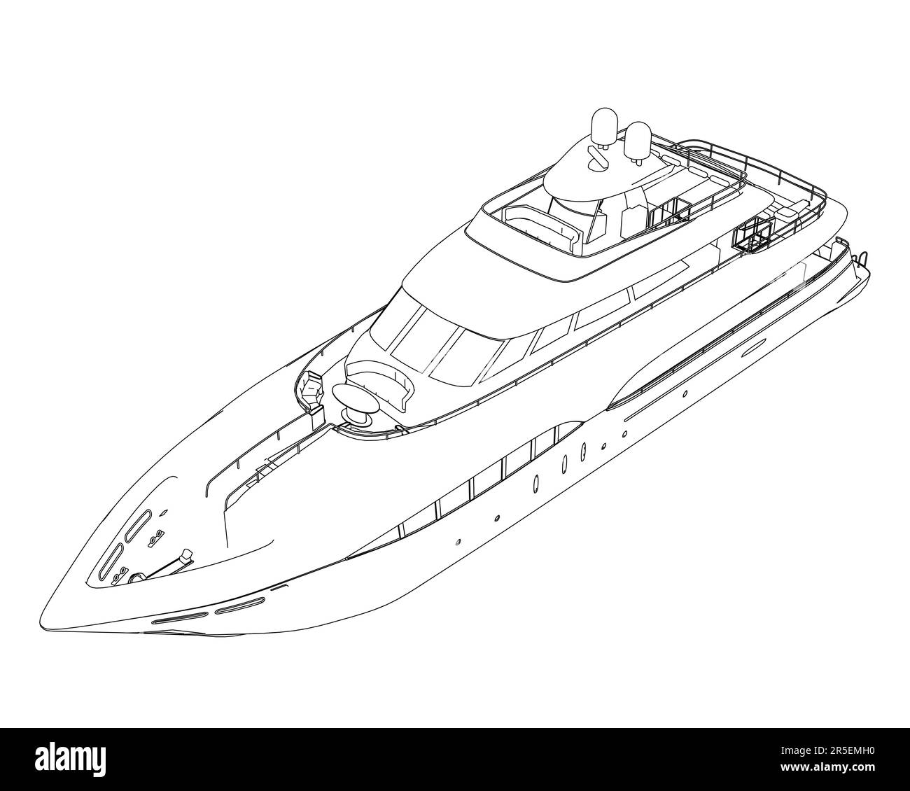Outline of a large luxury yacht from black lines isolated on a white background. Isometric view ...