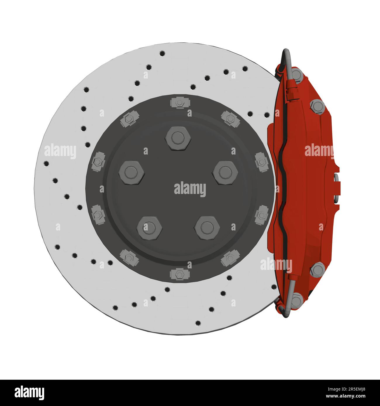 Polygonal model of a car brake disc with a red brake pad isolated on a ...