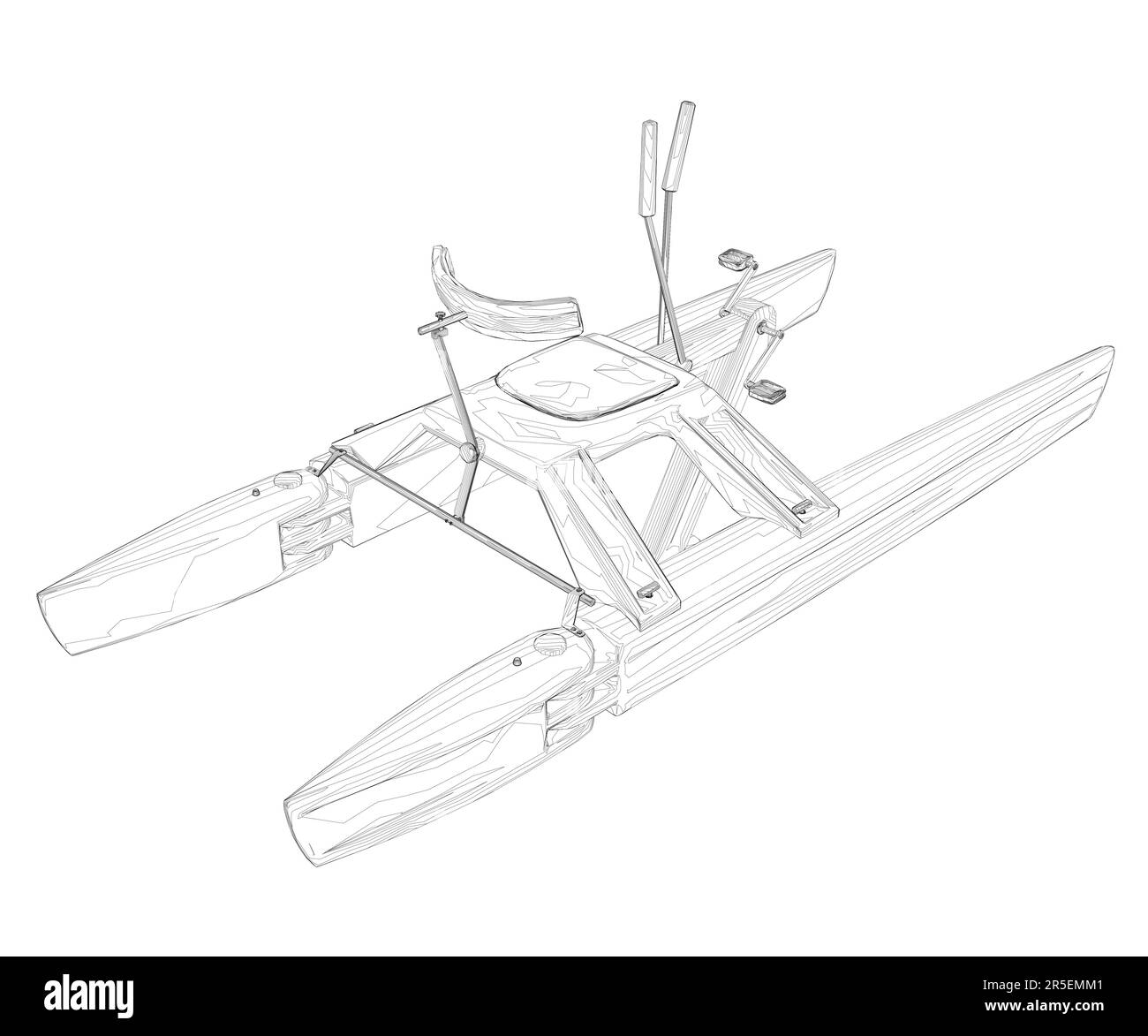 Outline of a catamoran with pedals from black lines isolated on a white background. Isometric ...
