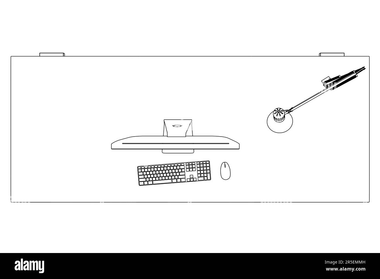 The contour of the workplace with a computer on the table and a lamp ...