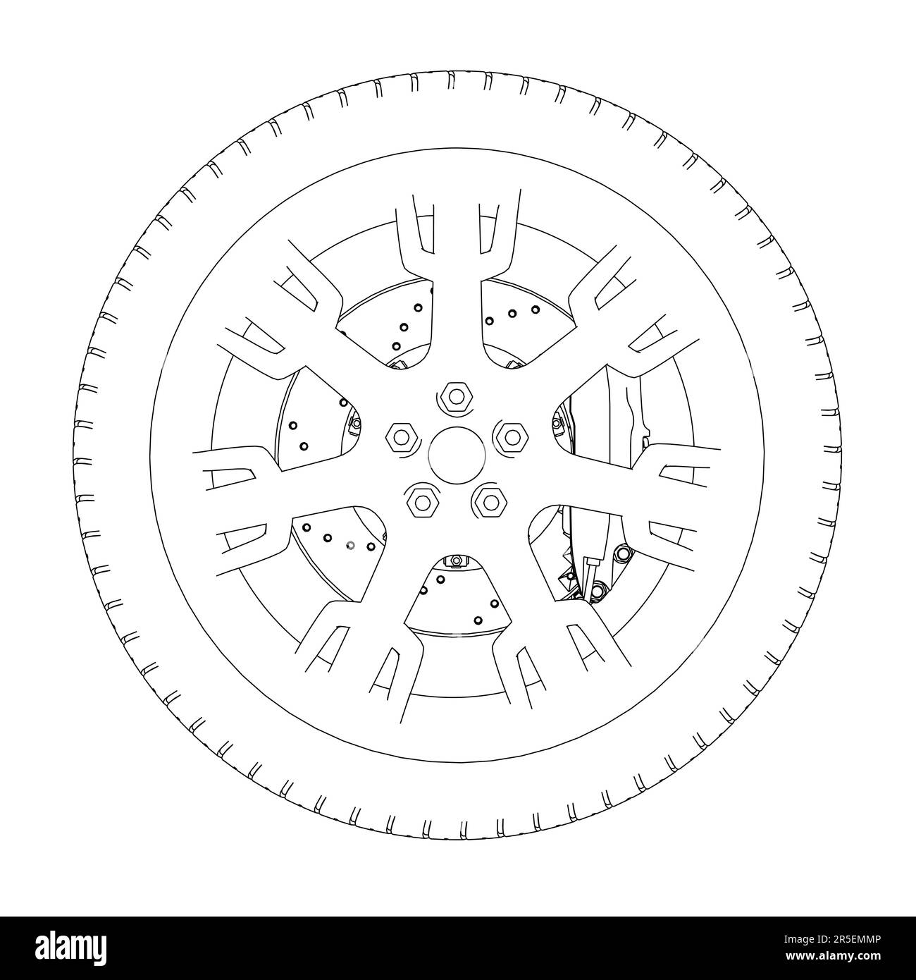 Outline of a car wheel from black lines isolated on a white background ...