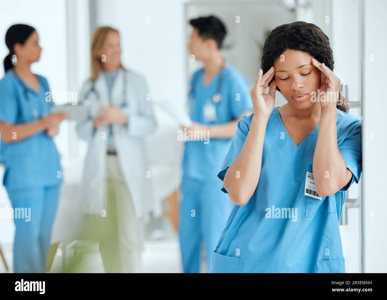 Headache, anxiety or sad surgeon in meeting with doctors with burnout ...