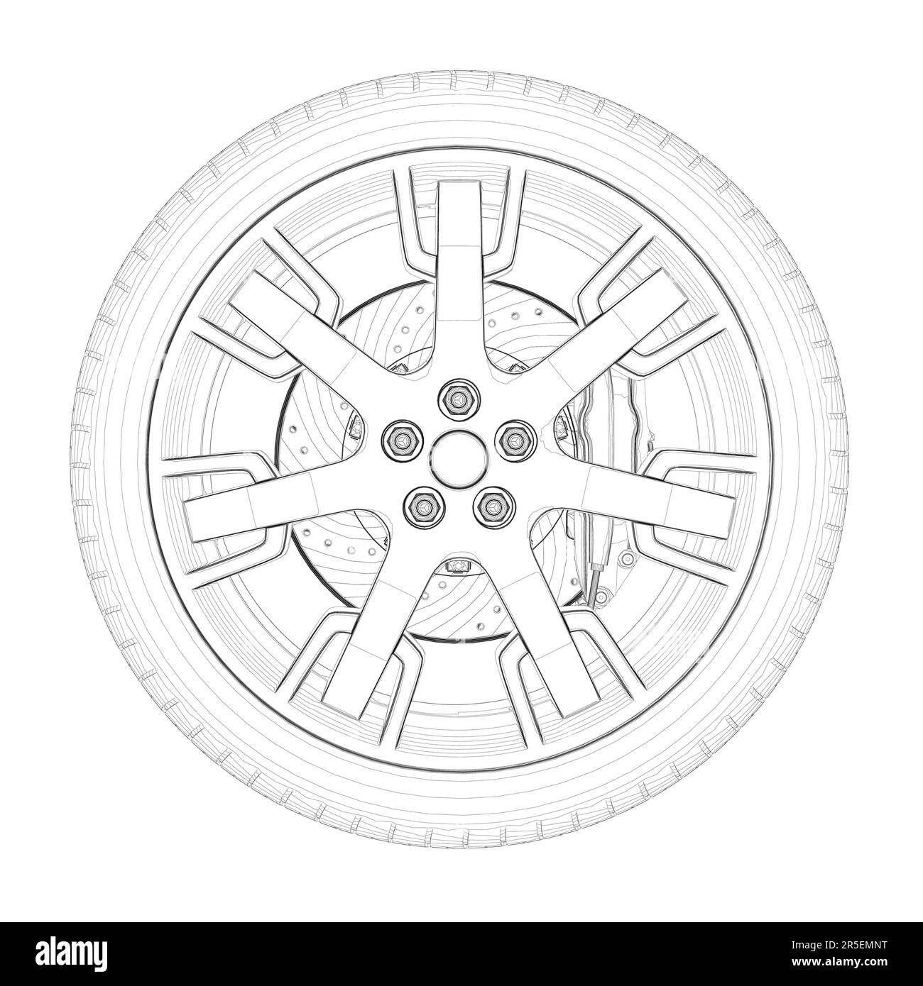 Outline of a car wheel from black lines isolated on a white background ...