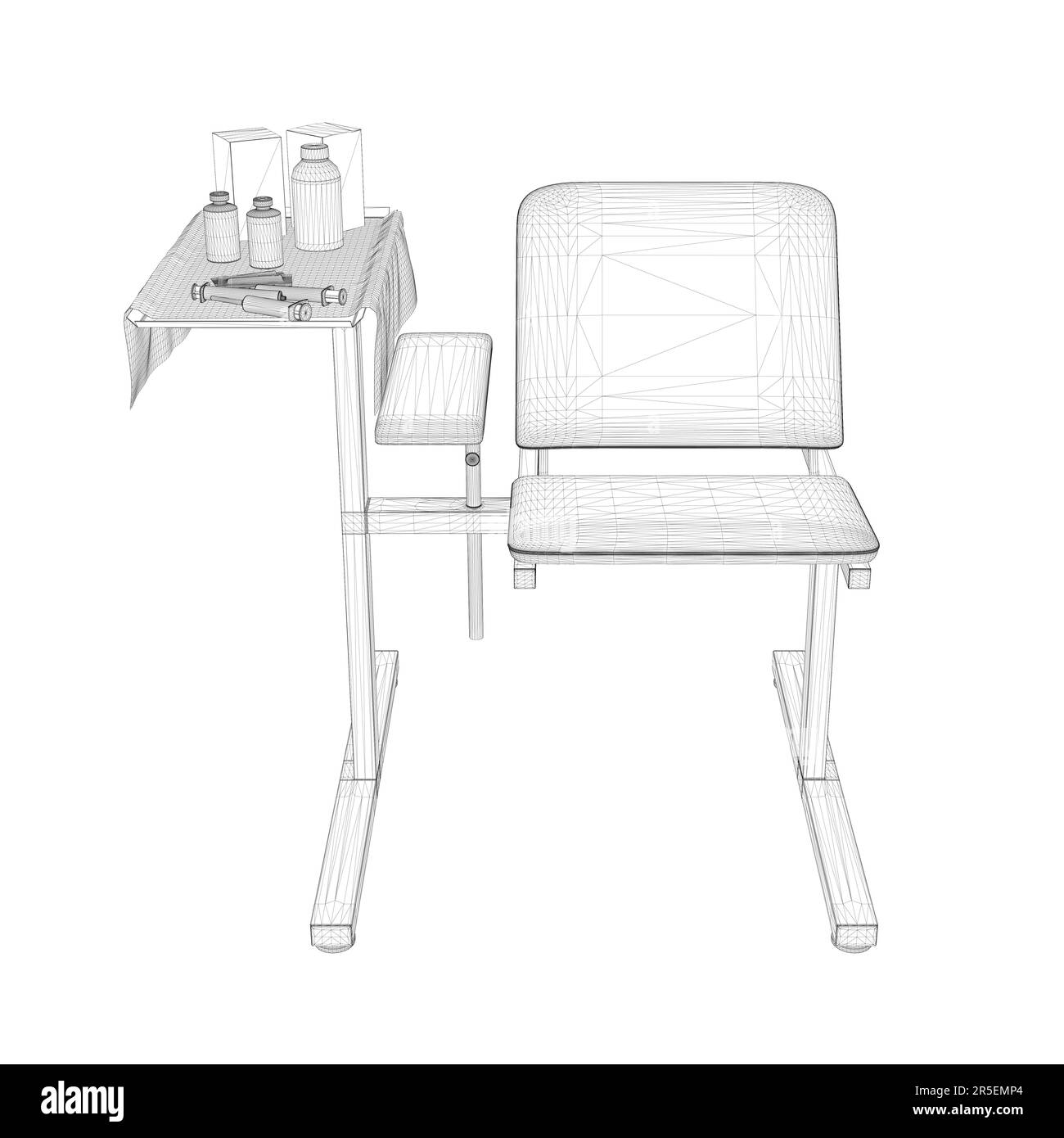 Hospital chair wireframe with a table on the side with medicines and ...