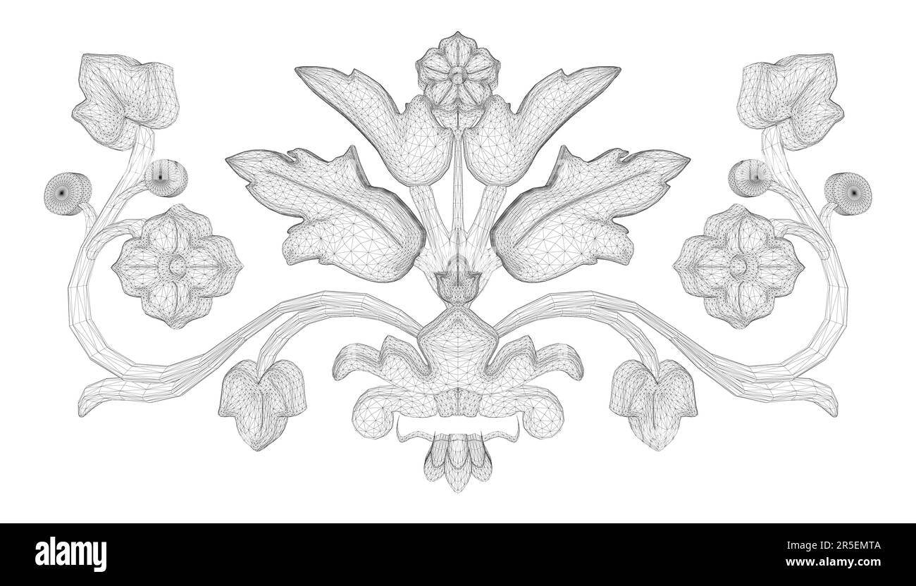 Decorative Ornament Wireframe Made Of Black Lines Isolated On White Background Front View 3d