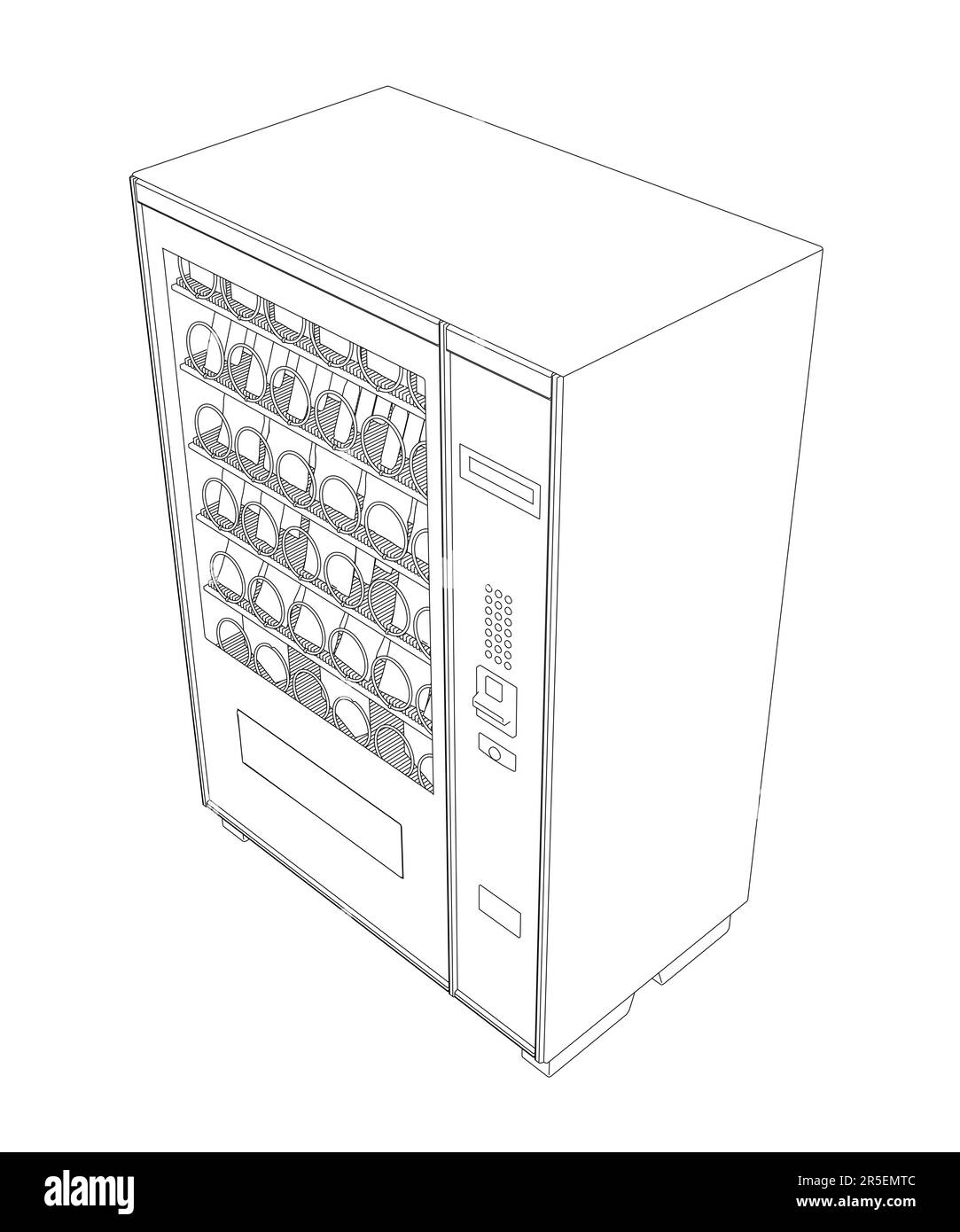 Outline of a vending snack machine from black lines isolated on a white background. Isometric ...