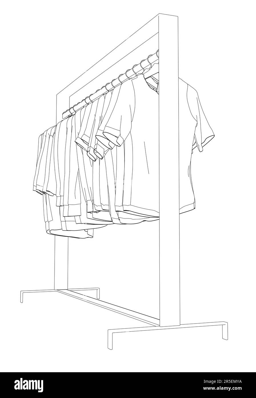 Outline of clothes on a hanger made of black lines isolated on a white background. Clothes hang ...