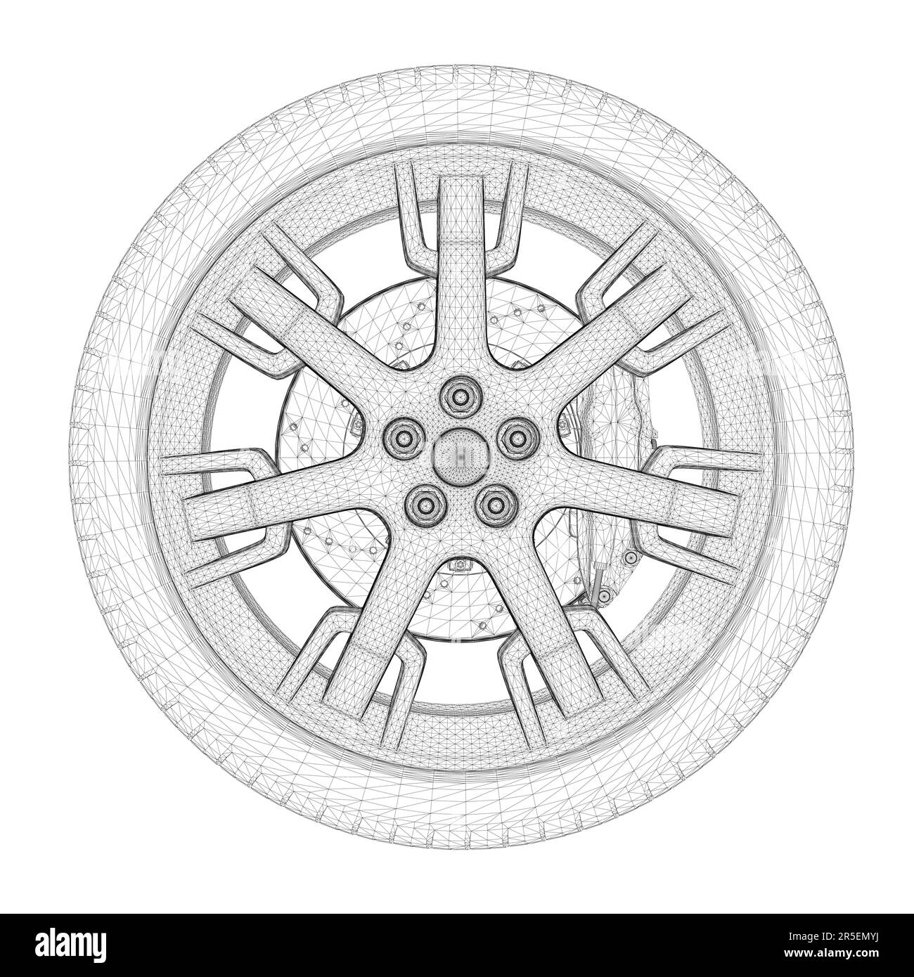 Car Wheel Wireframe From Black Lines Isolated On White Background Side View 3d Vector