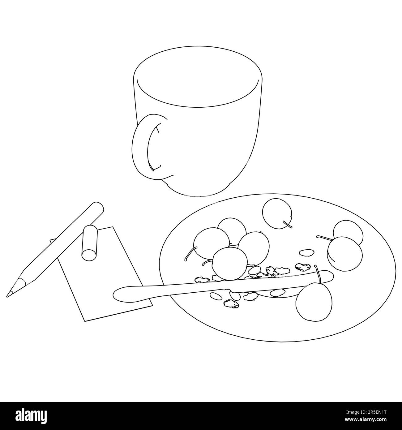 The contour of a mug with a plate with a berry and a handle from black ...