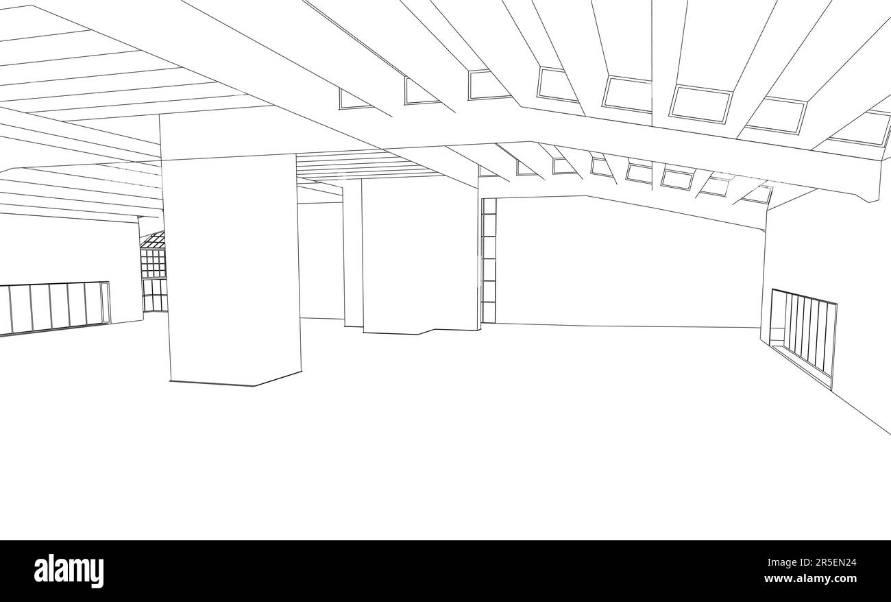 Outline of a large hangar from black lines isolated on a white ...