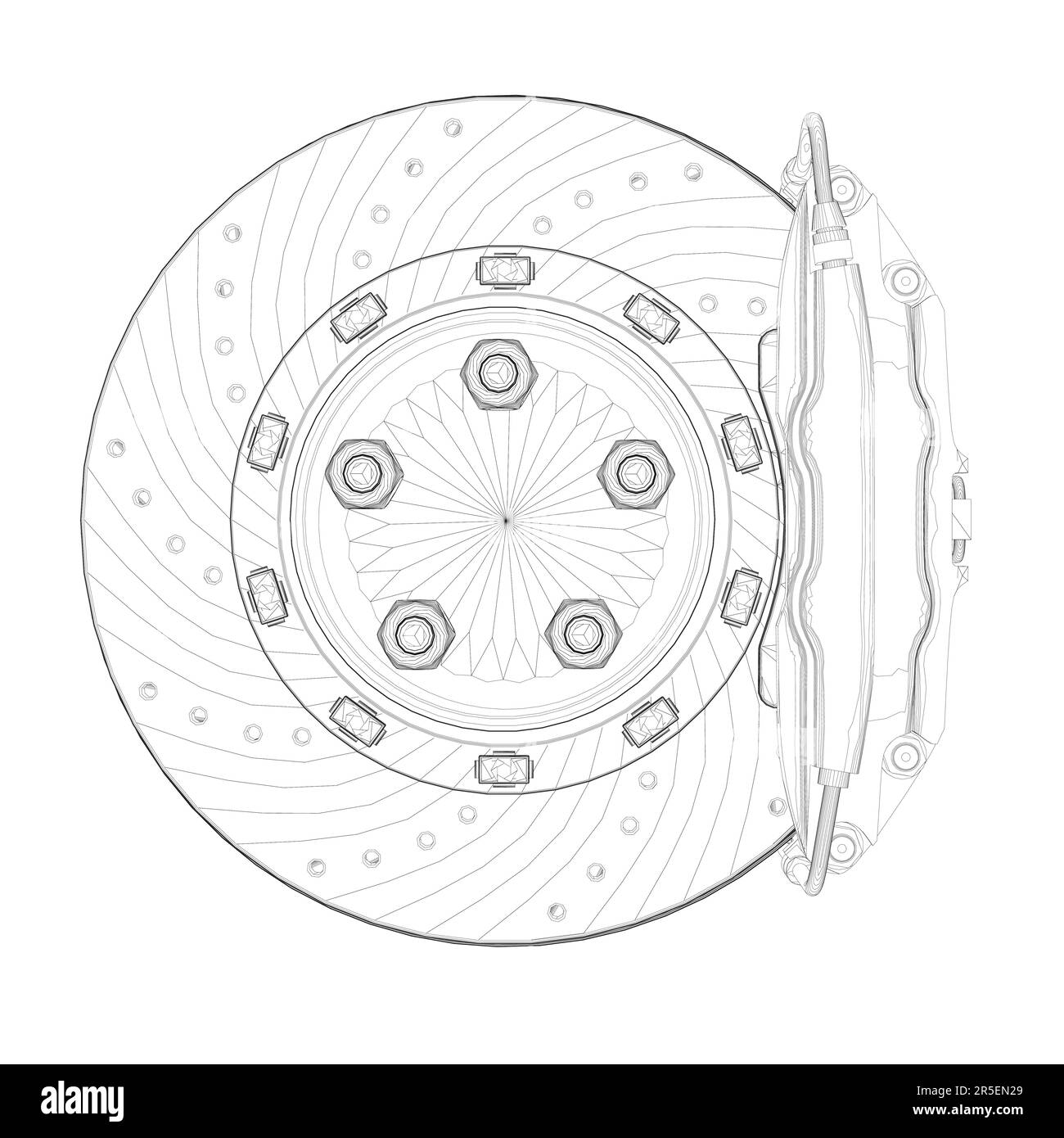 Outline of a car brake disc with a brake shoe from black lines isolated ...