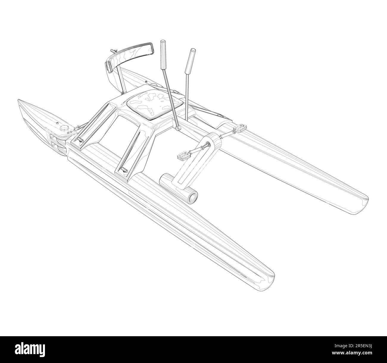 Outline of a catamoran with pedals from black lines isolated on a white background. Isometric ...