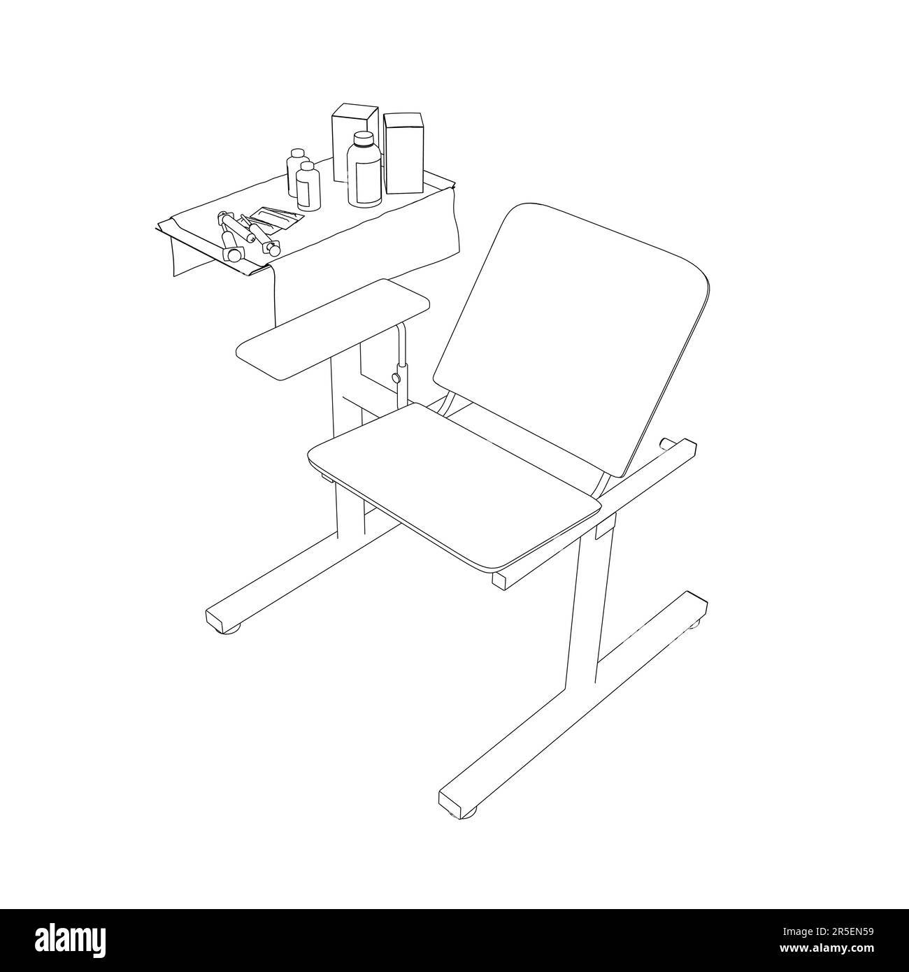 Outline of a hospital chair with a table on the side with medicines and ...
