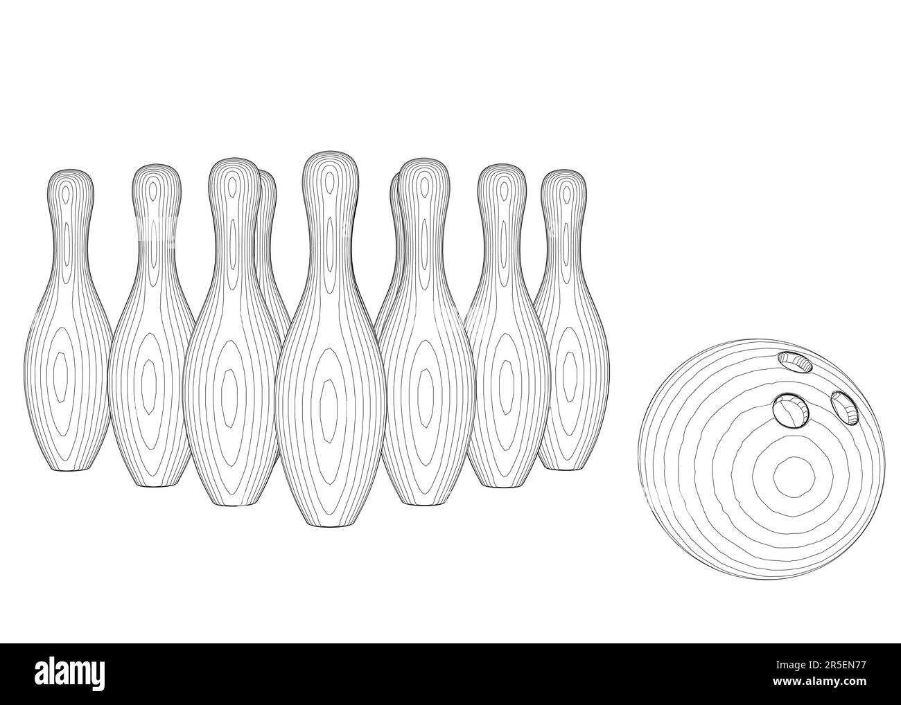 Outline of skittles and bowling ball from black lines isolated on white ...