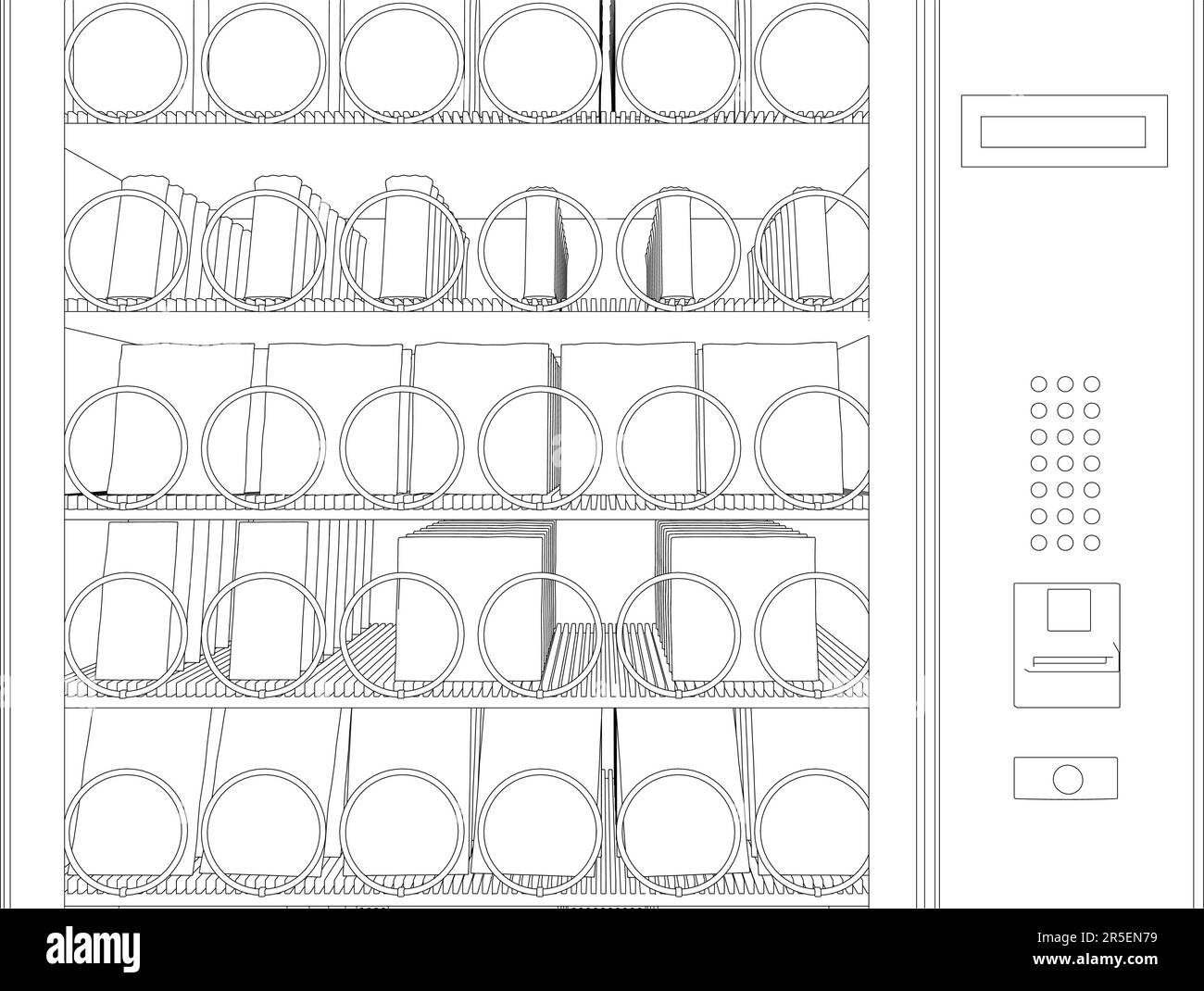 Outline of a vending snack machine from black lines isolated on a white background. Front view ...