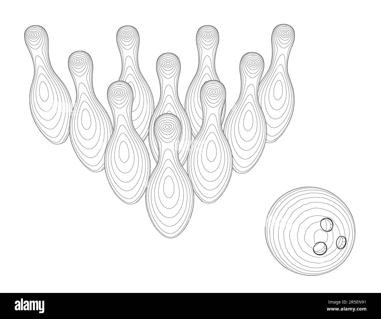 Outline of skittles and bowling ball from black lines isolated on white ...