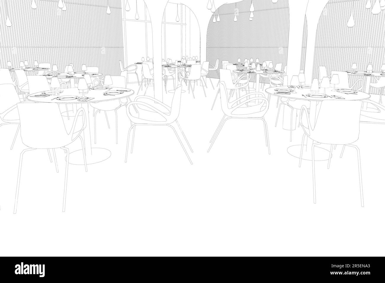 Outline of the restaurant room with tables and chairs from black lines ...