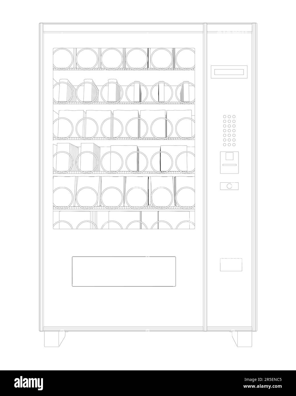 Outline of a vending snack machine from black lines isolated on a white background. Front view ...