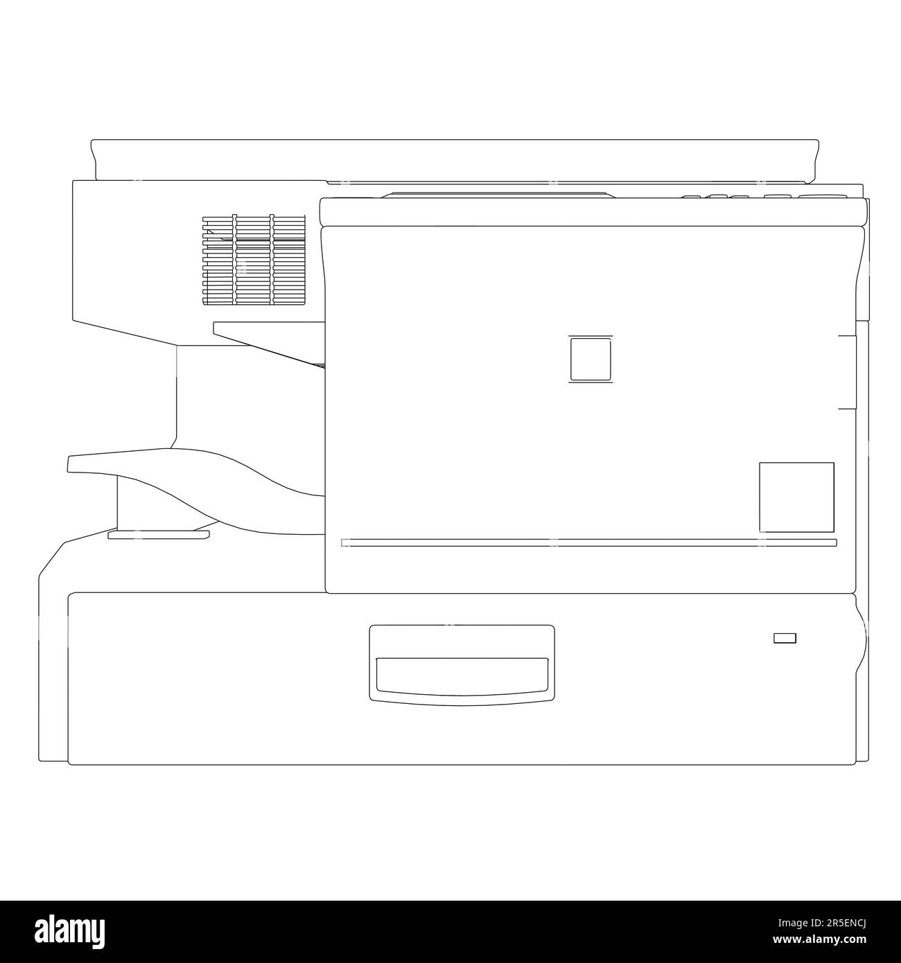 Outline of an office copier from black lines isolated on a white background. Side view. 3D ...
