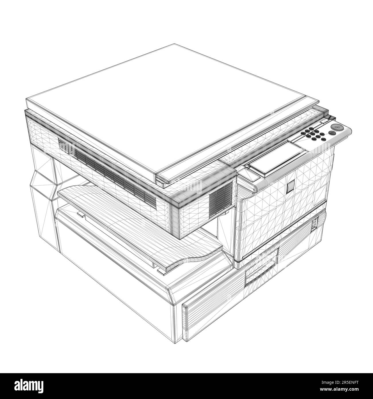 Office copier wireframe from black lines isolated on white background. Isometric view. 3D ...