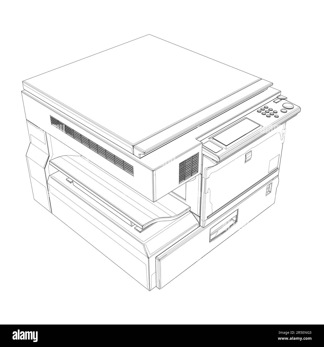 Outline of an office copier from black lines isolated on a white background. Isometric view. 3D ...