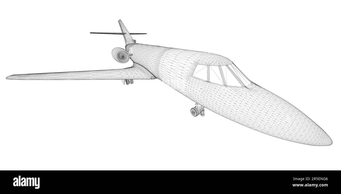 Passenger aircraft wireframe from black lines isolated on white background. Perspective view. 3D ...