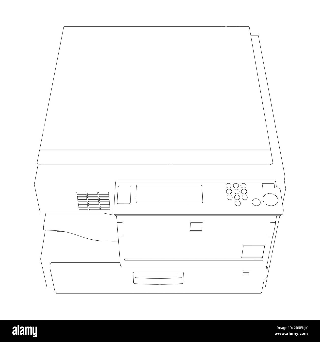 Outline of an office copier from black lines isolated on a white background. Front view. 3D ...