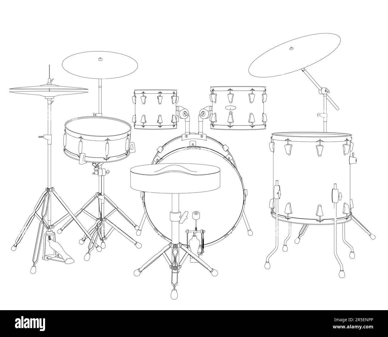 Outline of a drum musical set from black lines isolated on a white ...