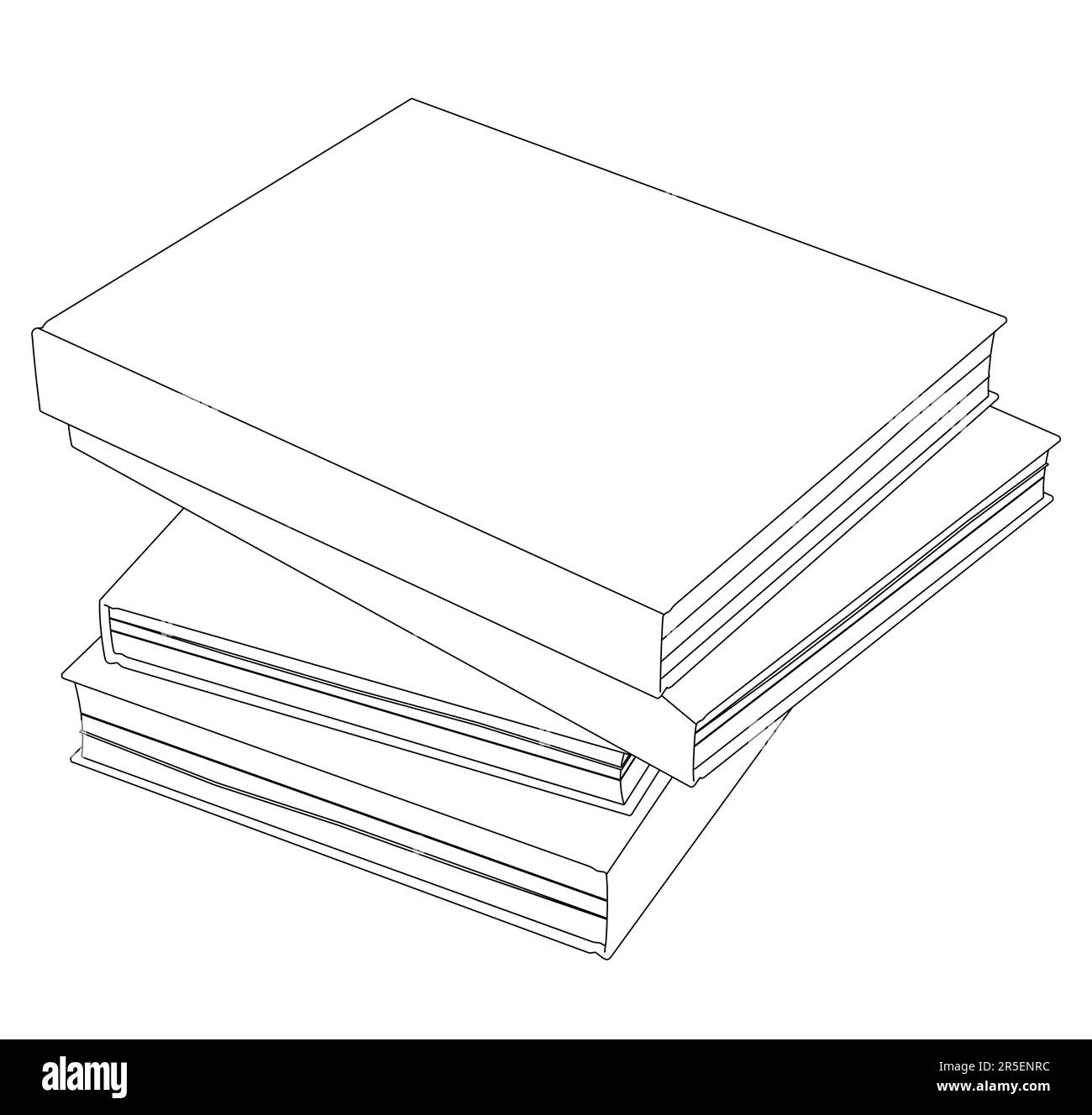 Contour of stack of four books from black lines isolated on white background. Isometric view. 3D ...