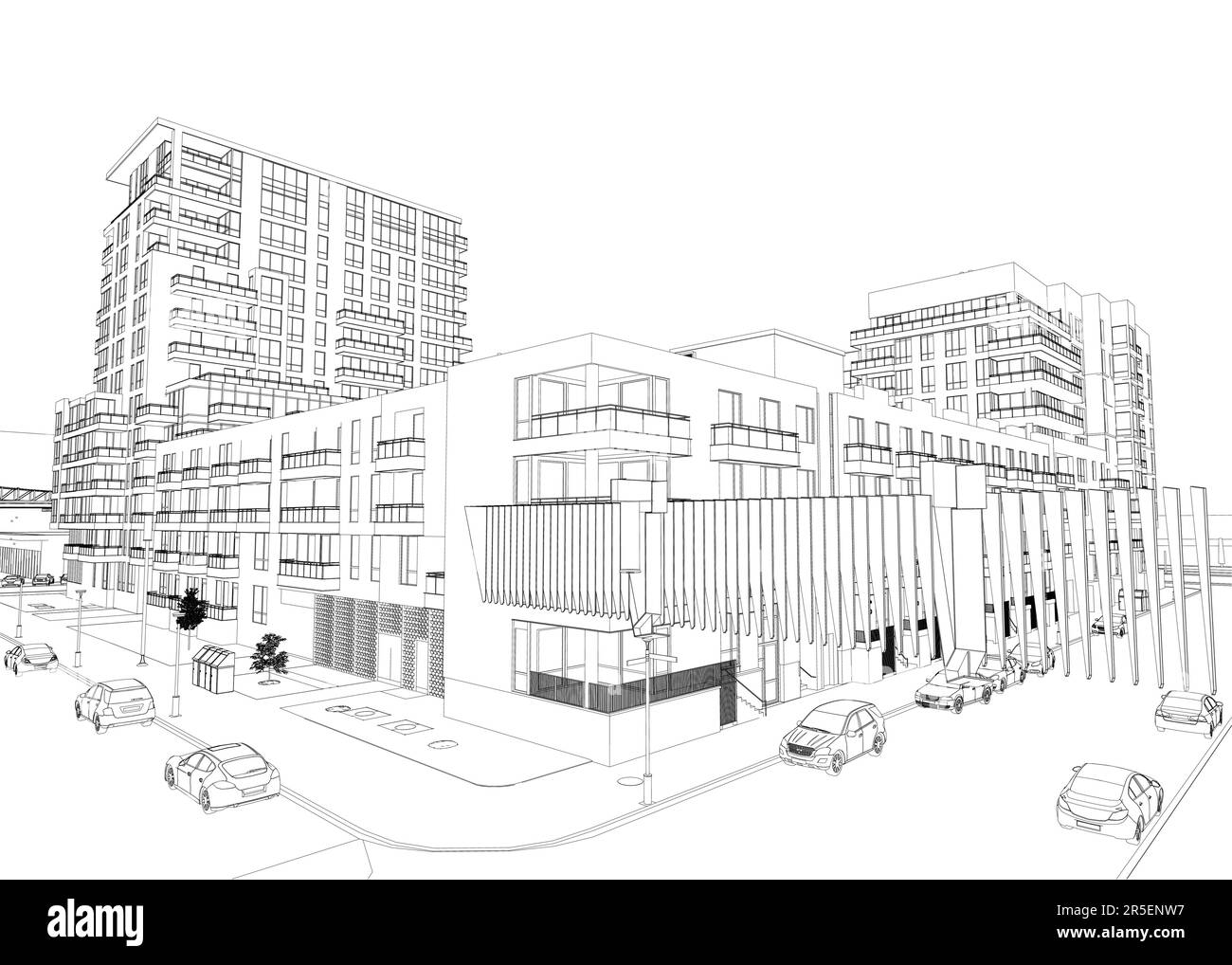 Outline of the city with houses, streets and cars from black lines isolated on a white ...