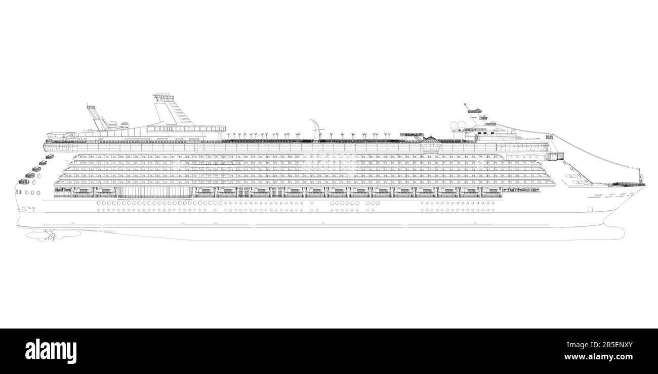 Outline of a large multi-deck cruiser from black lines isolated on a ...