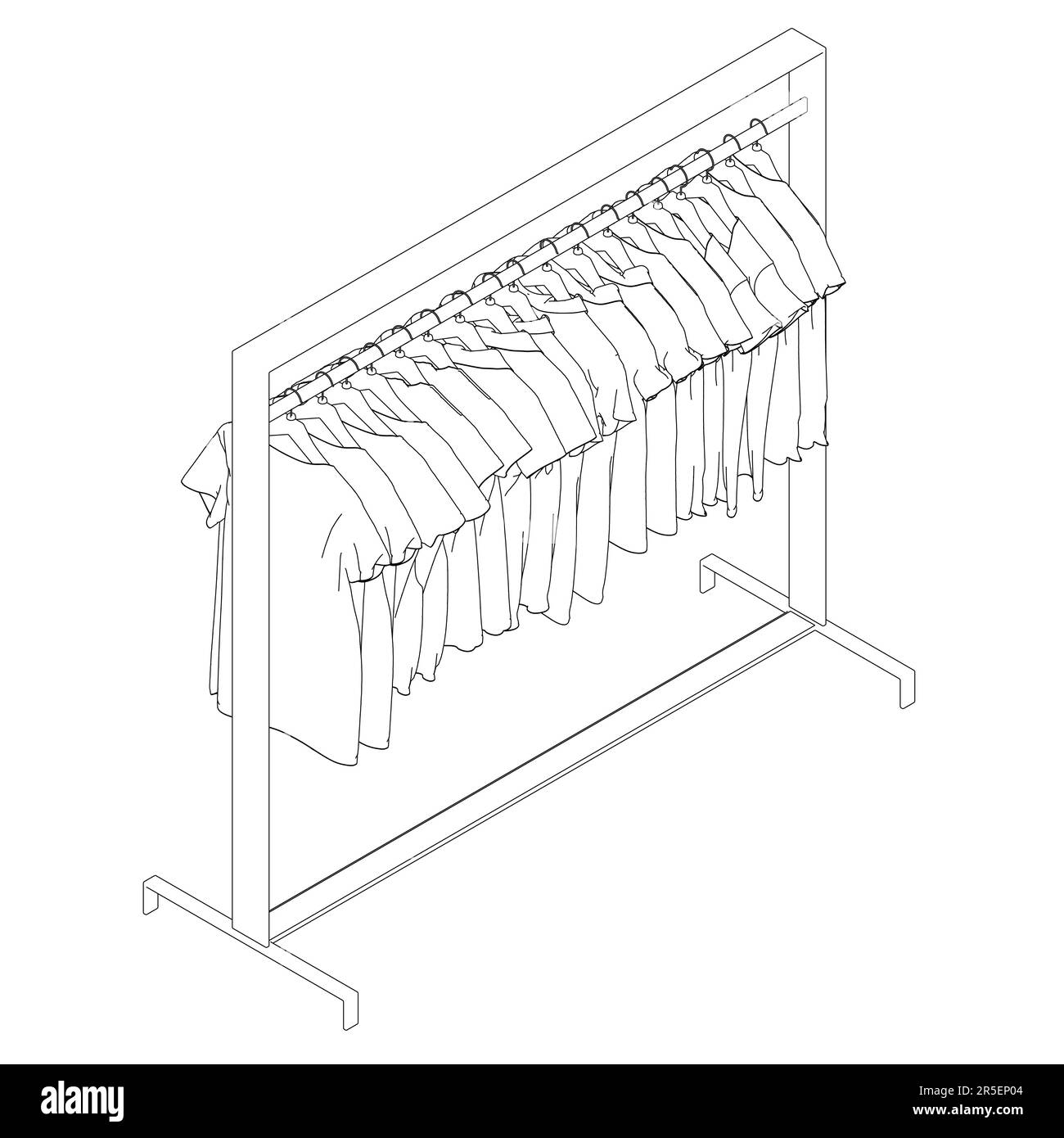 Outline of many t-shirts hanging on a hanger from black lines isolated on a white background ...