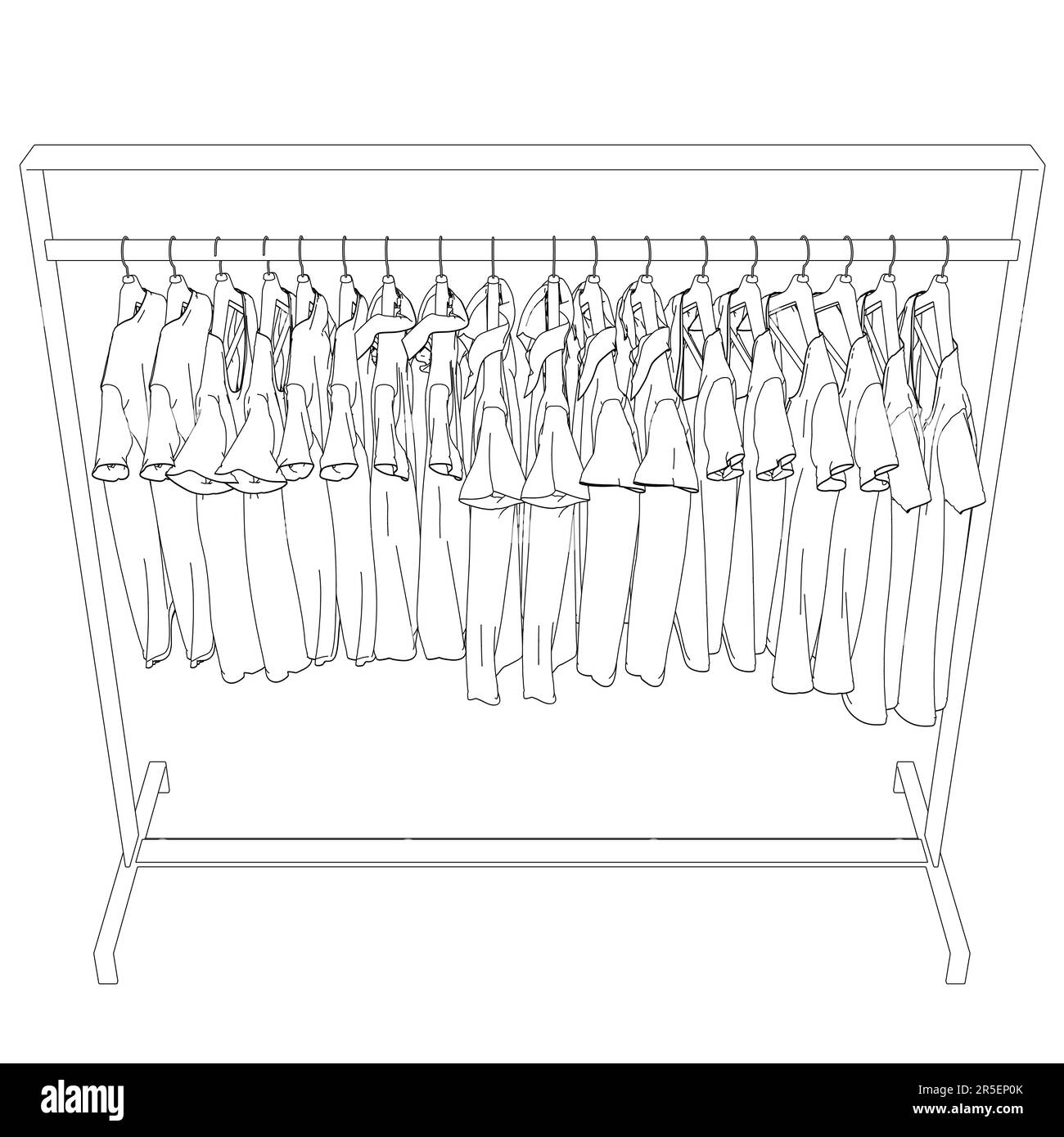 Outline of many t-shirts hanging on a hanger from black lines isolated on a white background ...