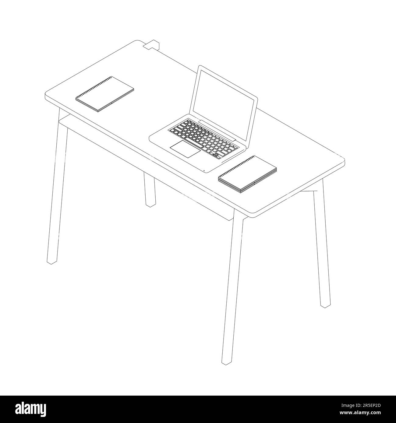 Desk outline with laptop and notepads from black lines isolated on white background. Isometric ...