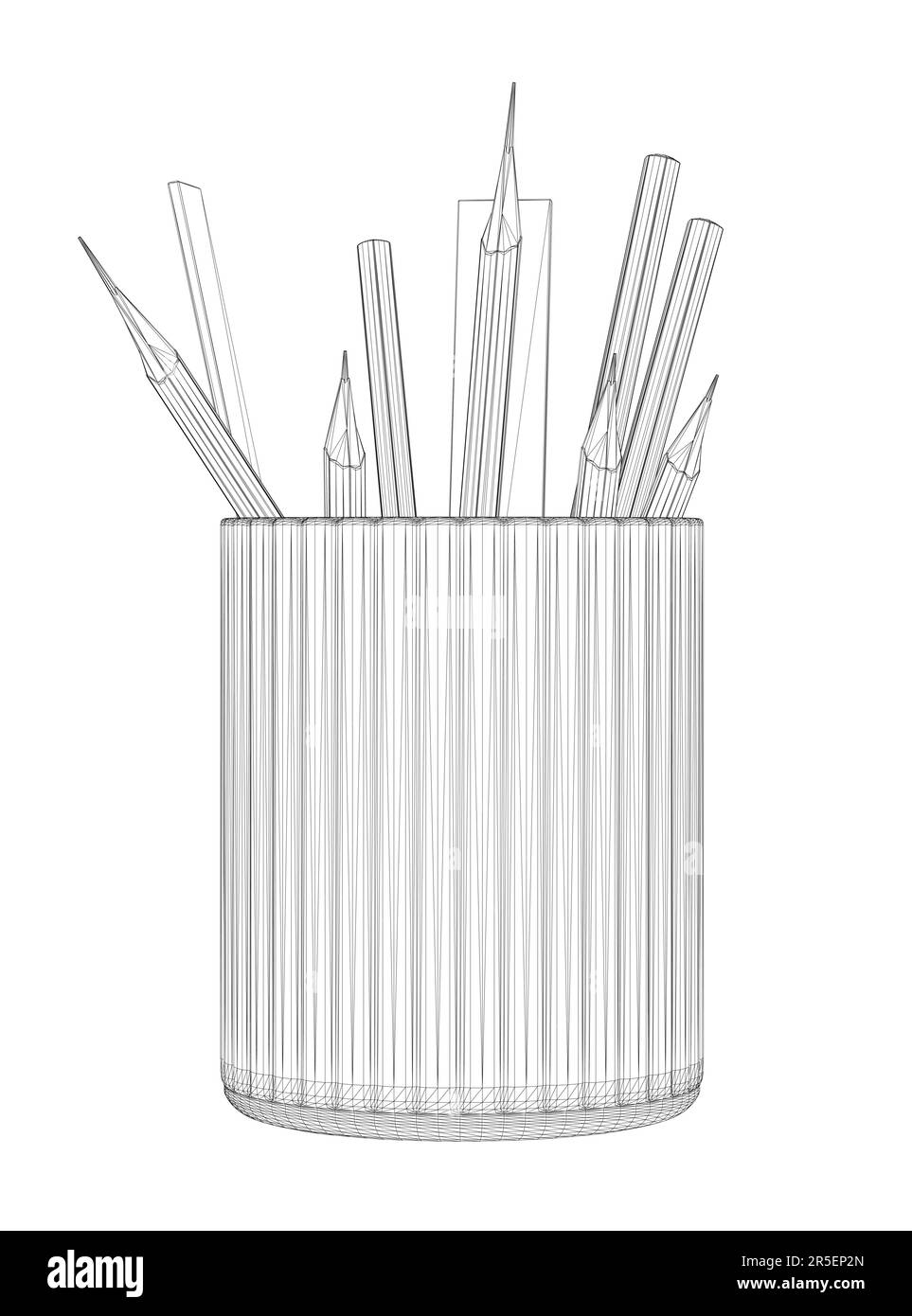 Wireframe of pencils and rulers in a glass from black lines isolated on ...