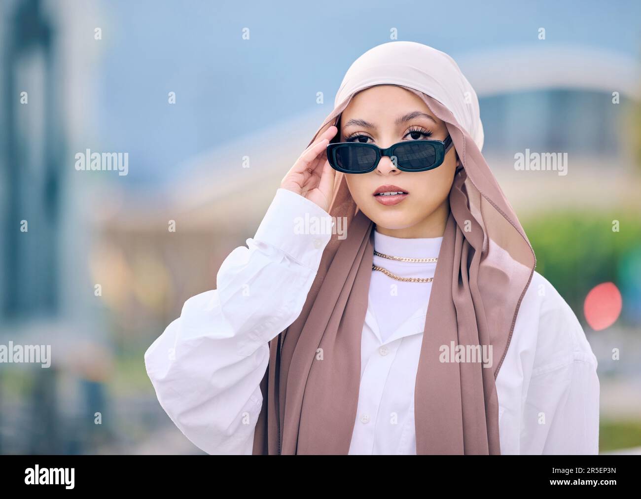 Portrait, fashion or sunglasses with a muslim woman in saudi arabia ...